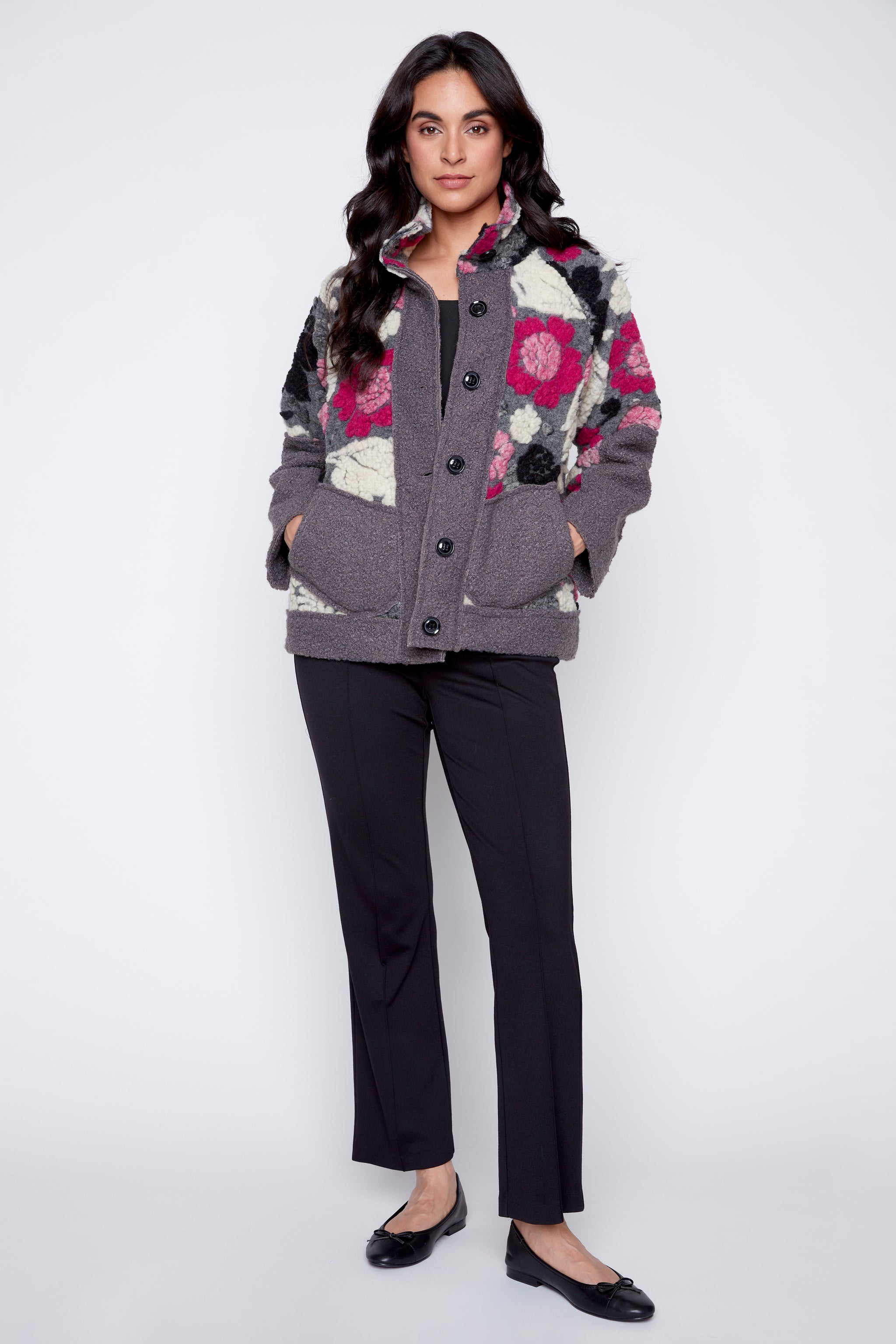 Floral embroidery boiled wool jacket